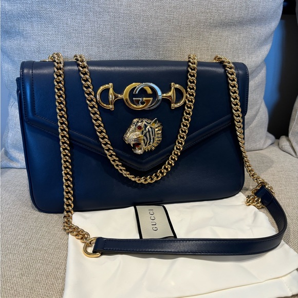 Gucci | Bags | Gucci Rajah Navy Blue Medium All Leather Shoulder Bag ...